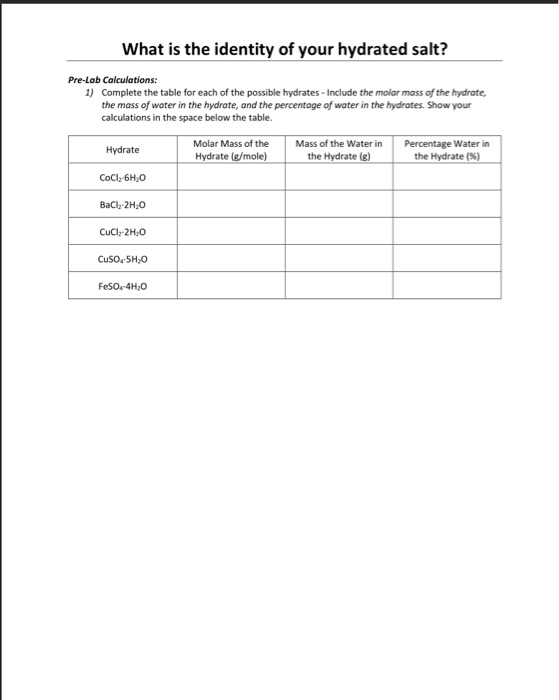 Solved What is the identity of your hydrated salt? Pre-Lab | Chegg.com
