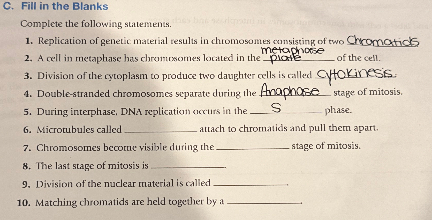 Solved C. ﻿Fill in the BlanksComplete the following | Chegg.com