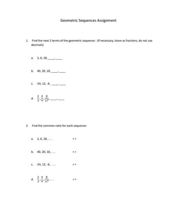 Solved Geometric Sequences Assignment 1. Find the next 2 | Chegg.com