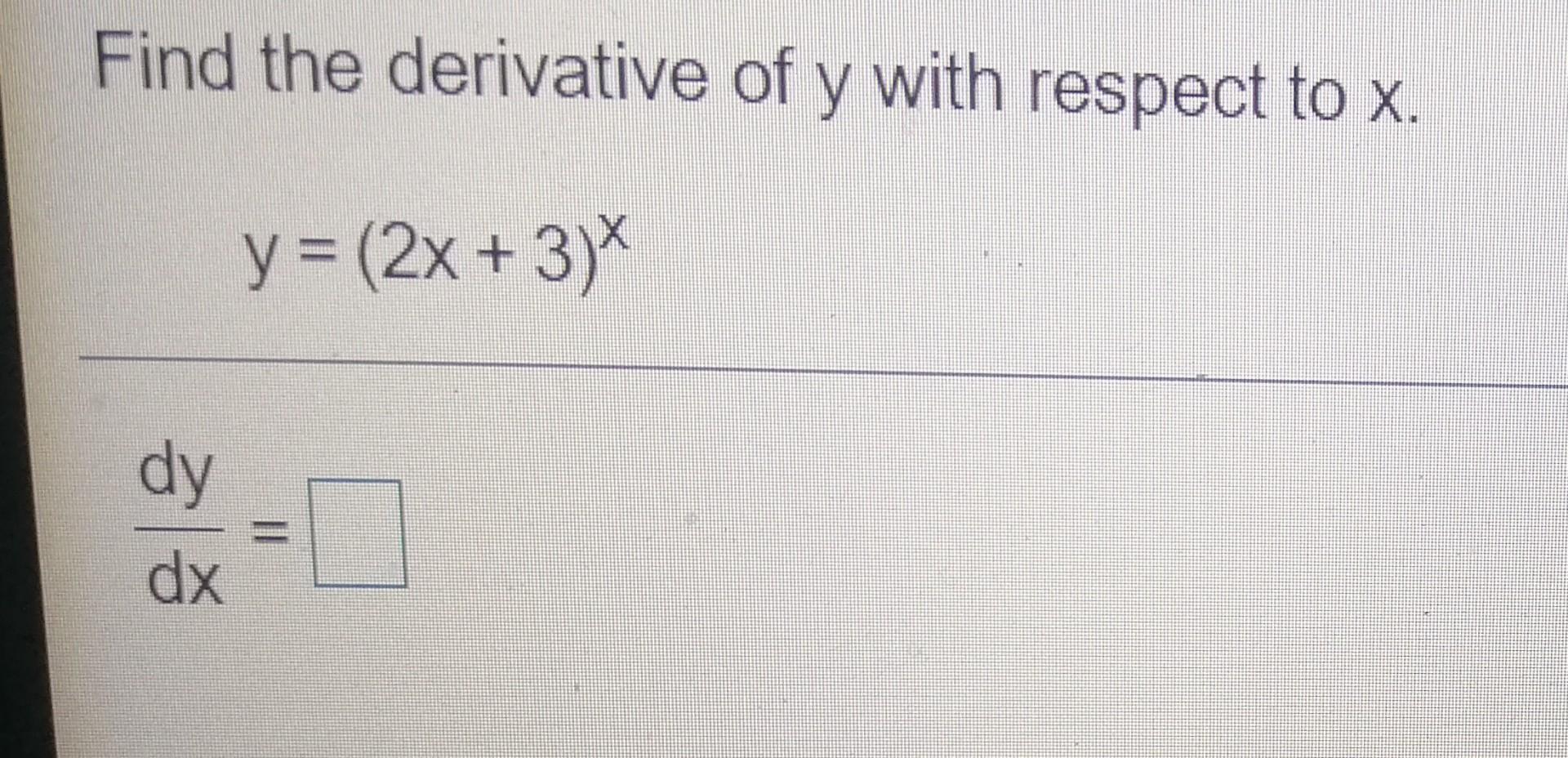 Solved Find the derivative of y with respect to x. y = (2x+ | Chegg.com