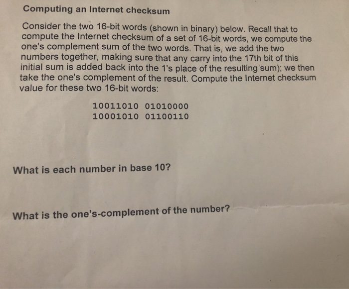 Solved Computing an Internet checksum Consider the two | Chegg.com