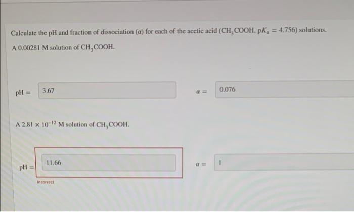 Solved Calculate the pH and fraction of dissociation (a) for | Chegg.com