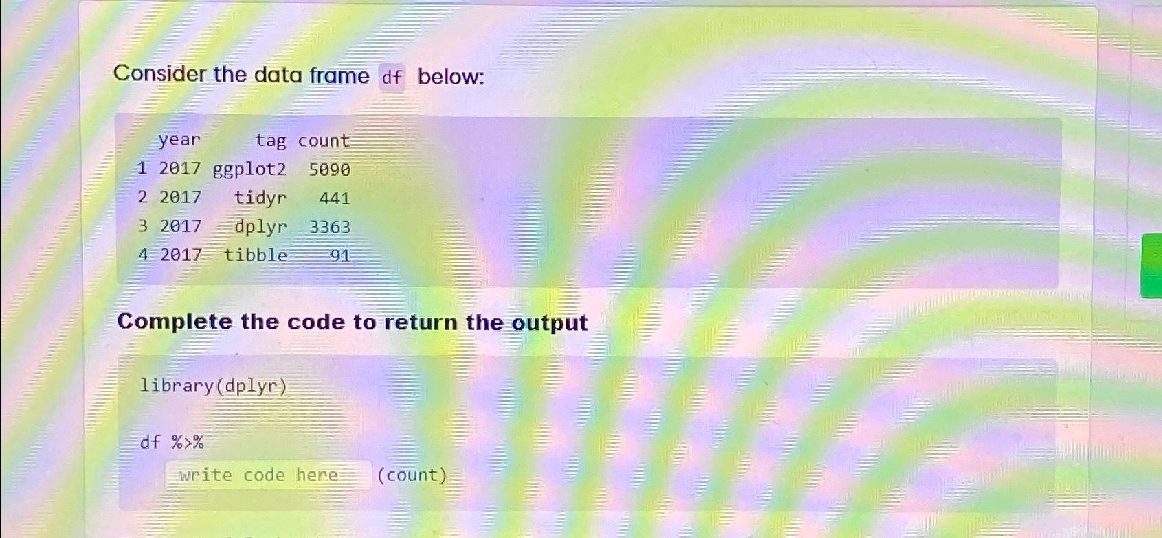 Solved Consider the data frame df ﻿below:\table[[,year,tag | Chegg.com