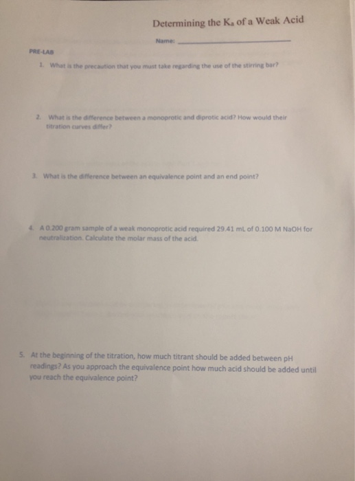 Solved Determining the K, of a Weak Acid Name PRE-LAB 1. | Chegg.com