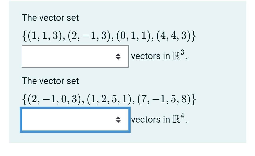 Solved The vector set {(1,1,3),(2,−1,3),(0,1,1),(4,4,3)} | Chegg.com