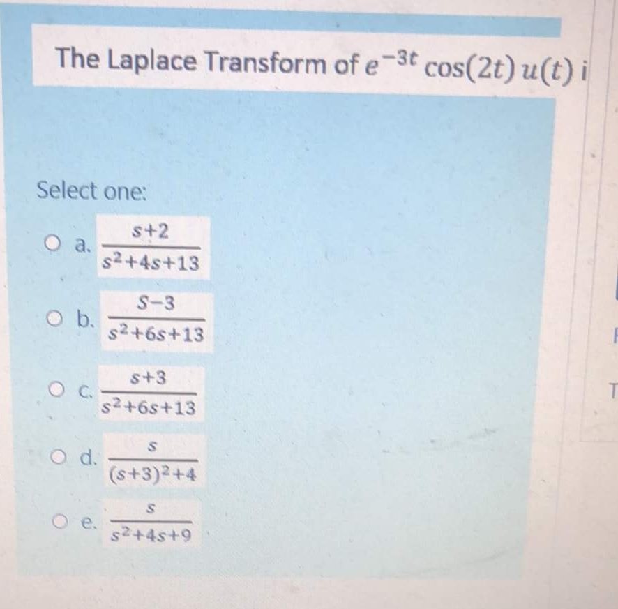 Solved The Laplace Transform of e-3tcos(2t)u(t)iSelect | Chegg.com