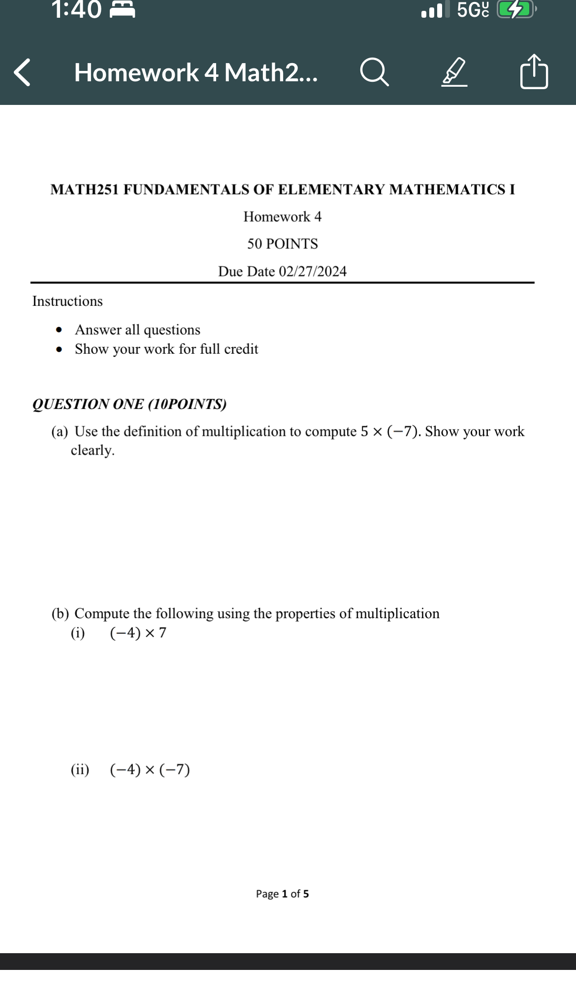 Solved 1:40 ﻿mHomework 4 ﻿Math2...MATH251 ﻿FUNDAMENTALS OF | Chegg.com