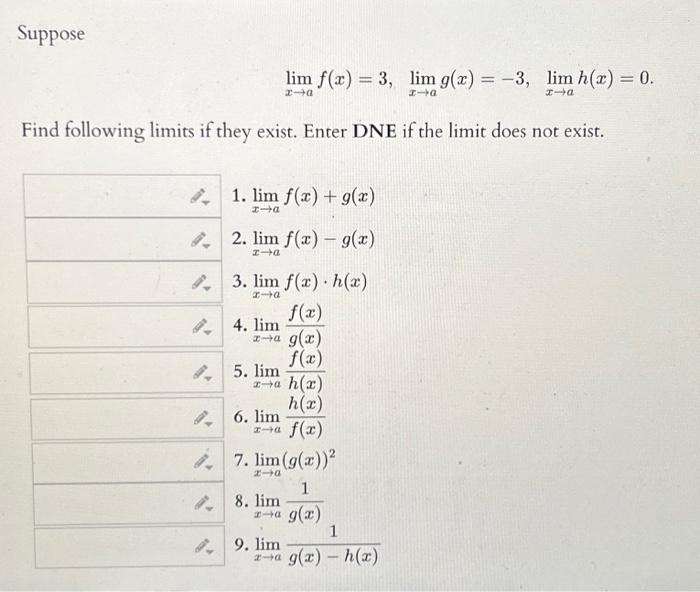 Solved Suppose limx→af(x)=3,limx→ag(x)=−3,limx→ah(x)=0 Find | Chegg.com