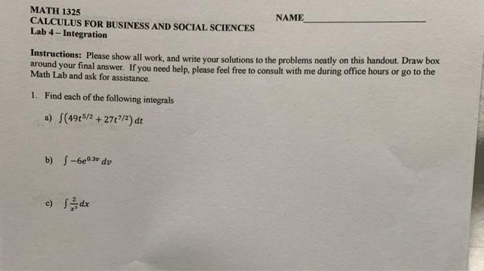 Solved NAME MATH 1325 CALCULUS FOR BUSINESS AND SOCIAL | Chegg.com