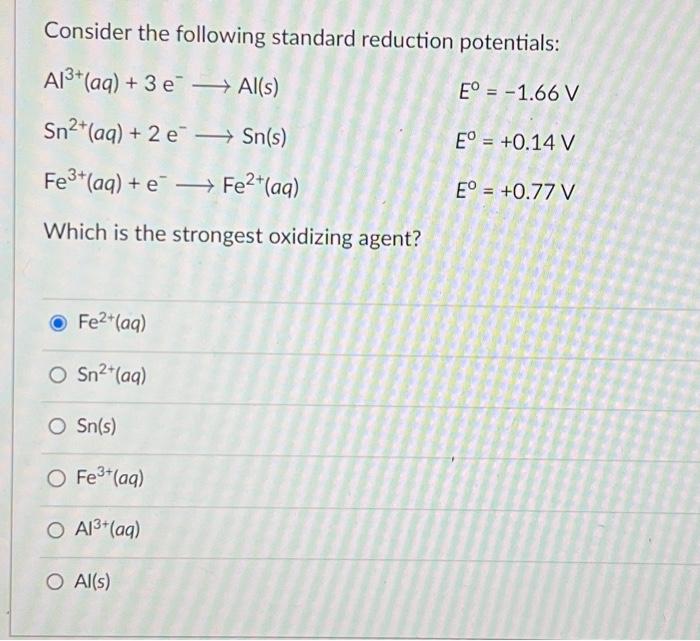 Solved Consider the following standard reduction potentials: | Chegg.com