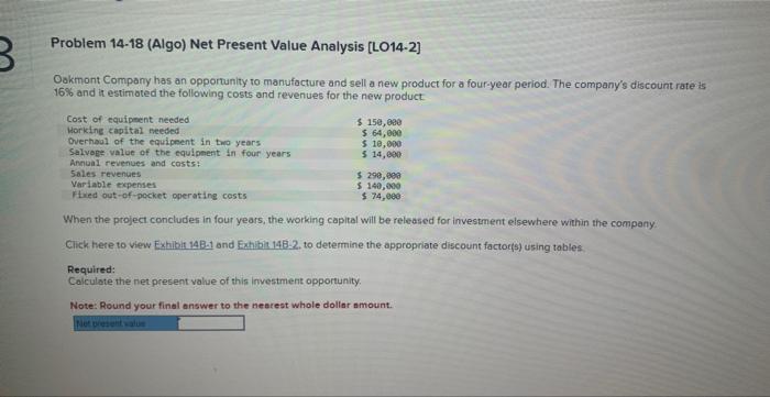 Solved Problem 14-18 (Algo) Net Present Value Analysis | Chegg.com