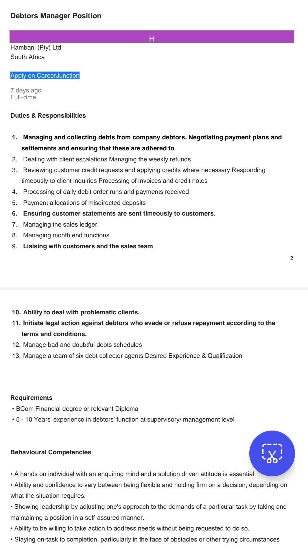 Solved You applied for the advertised debtor manager | Chegg.com