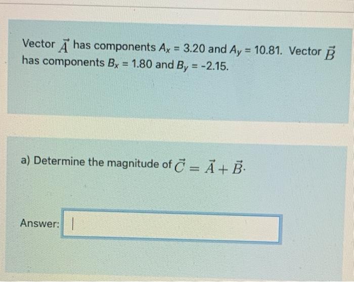 Solved Vector A has components Ax = 3.20 and Ay = 10.81. | Chegg.com