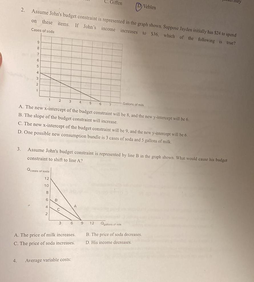 Solved 2. Assume John's budget constraint is represented in | Chegg.com