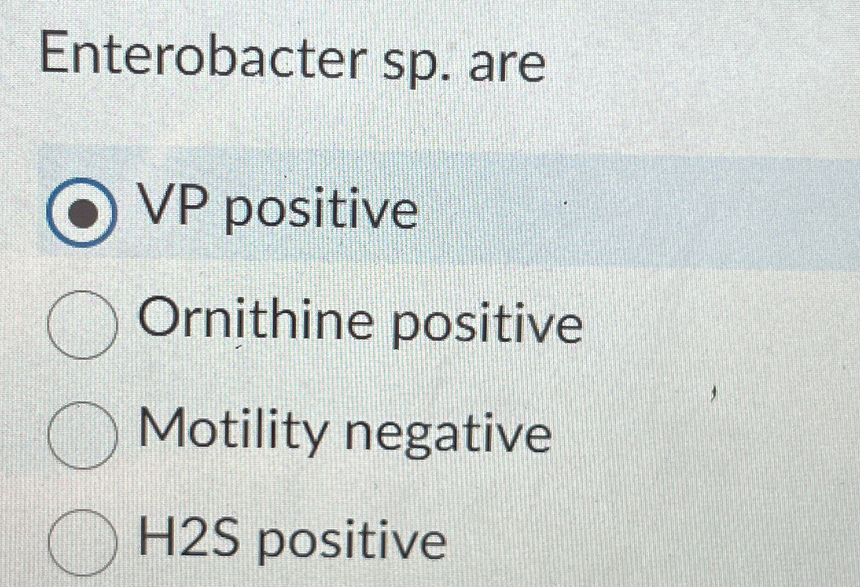 Solved Enterobacter sp. ﻿areVP positiveOrnithine | Chegg.com