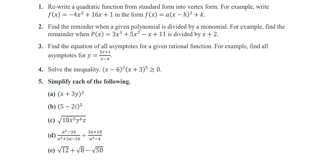 Solved 3x+1 x-4 1. Re-write a quadratic function from | Chegg.com