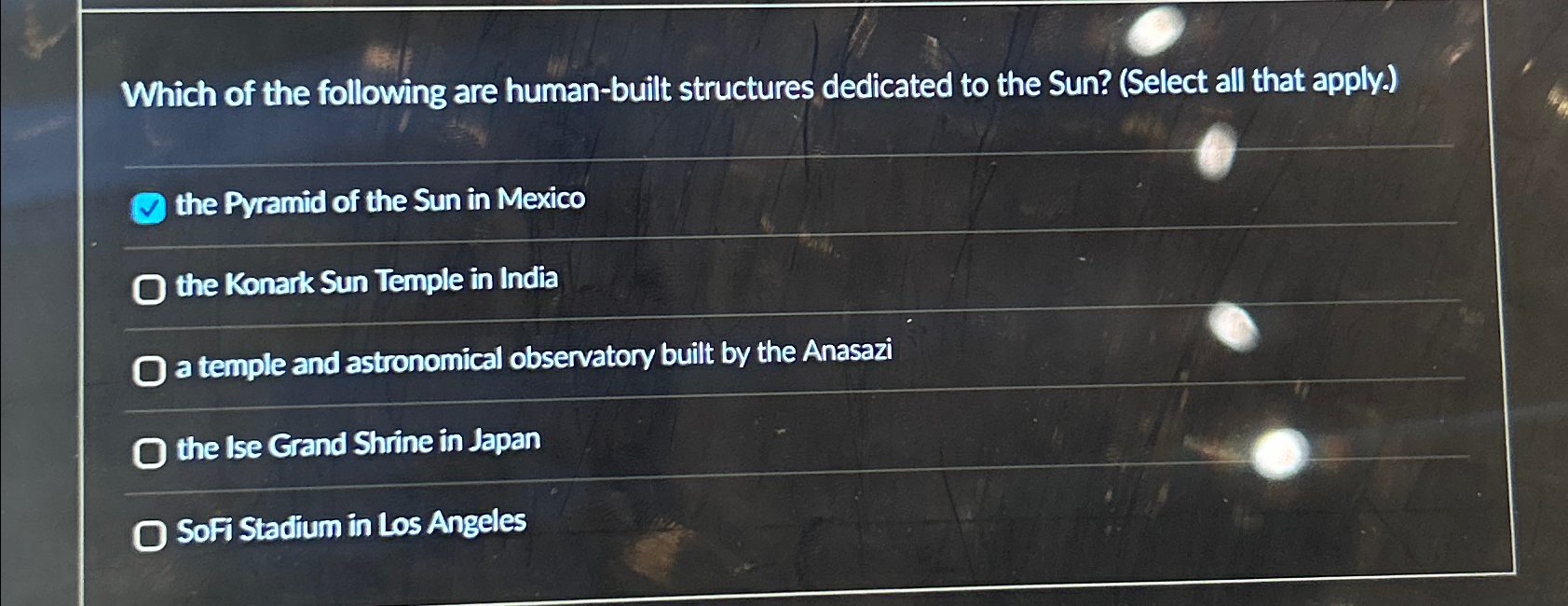 Solved Which of the following are human-built structures | Chegg.com