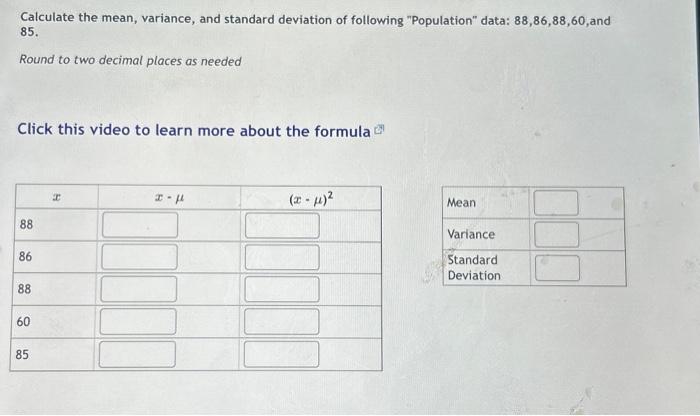 Solved Calculate the mean, variance, and standard deviation | Chegg.com