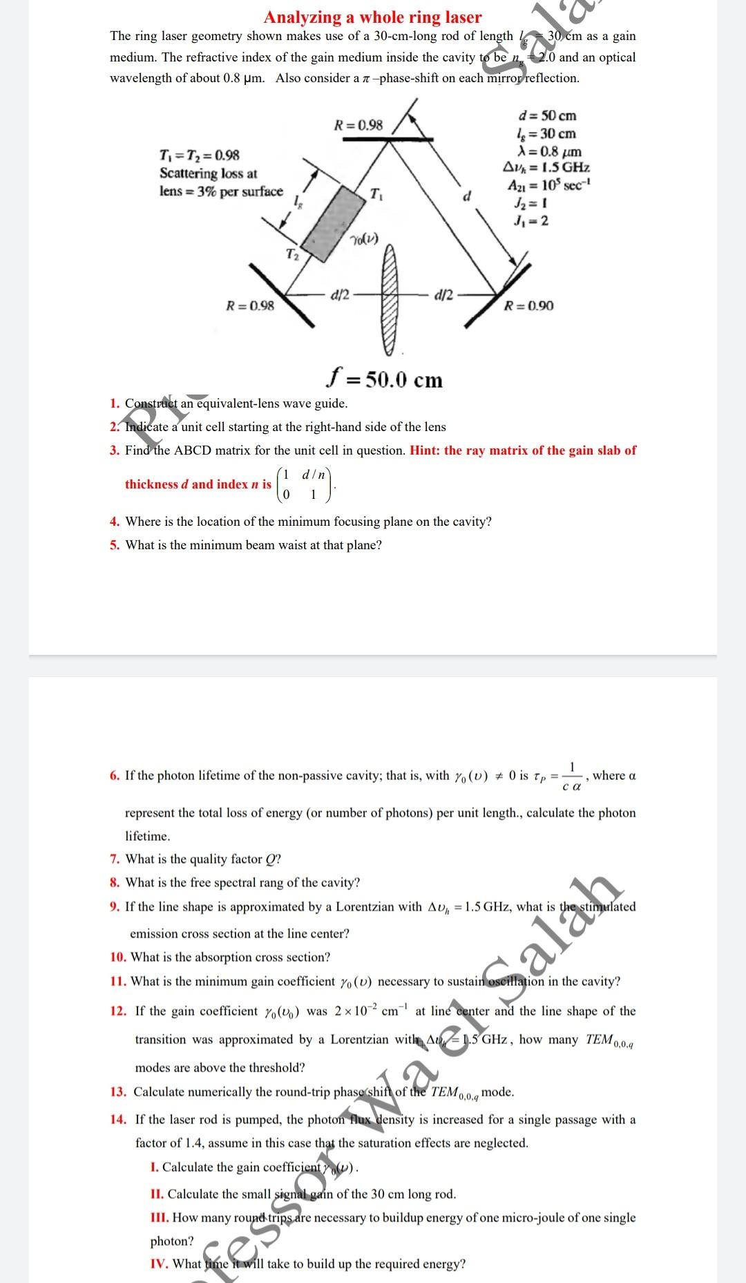 Analyzing a whole ring laser The ring laser geometry | Chegg.com