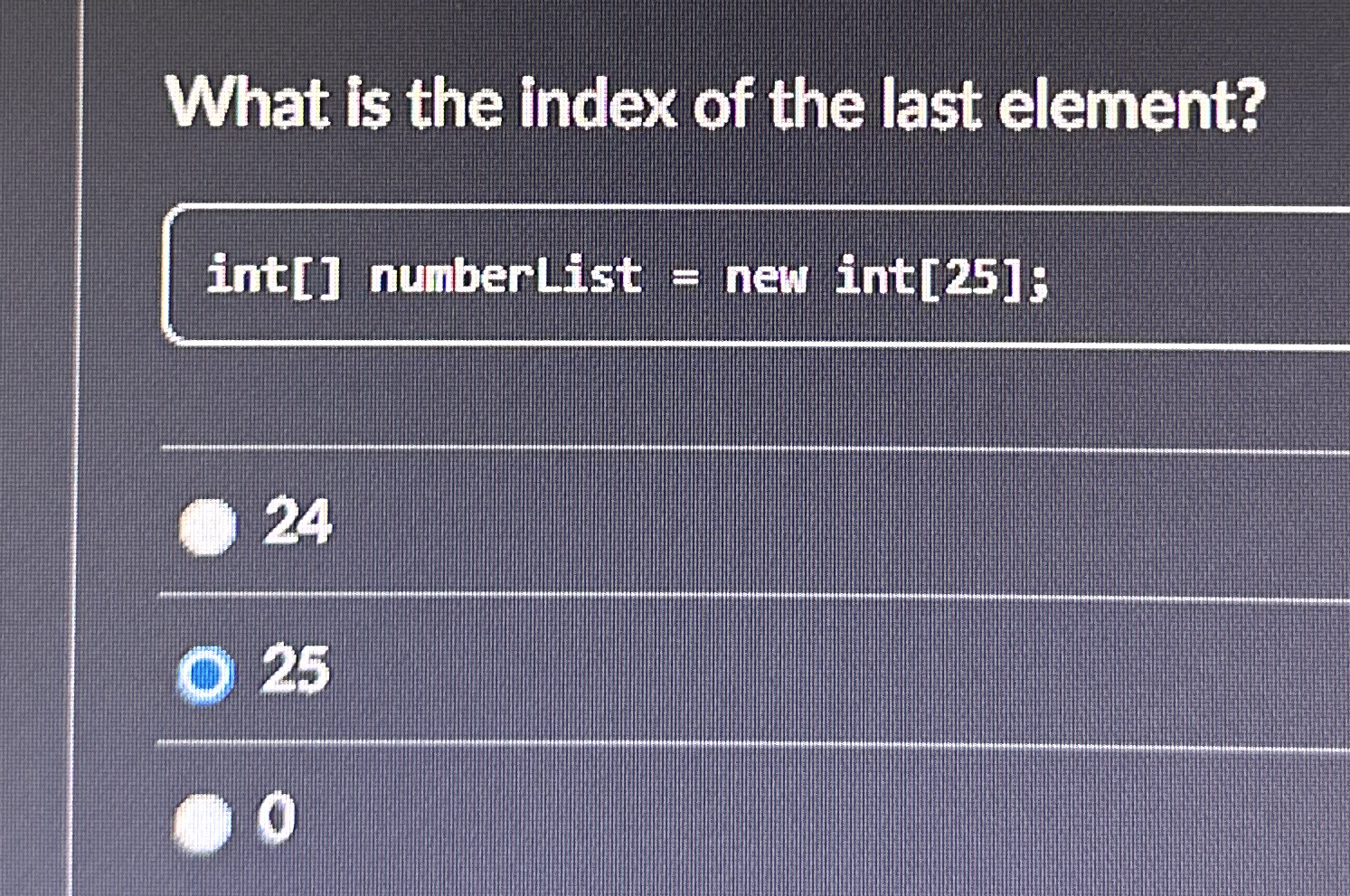 Solved What is the index of the last element?int[] | Chegg.com