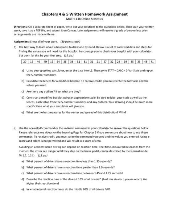 Solved Chapters 4 And 5 Written Homework Assignment Math 138 1128