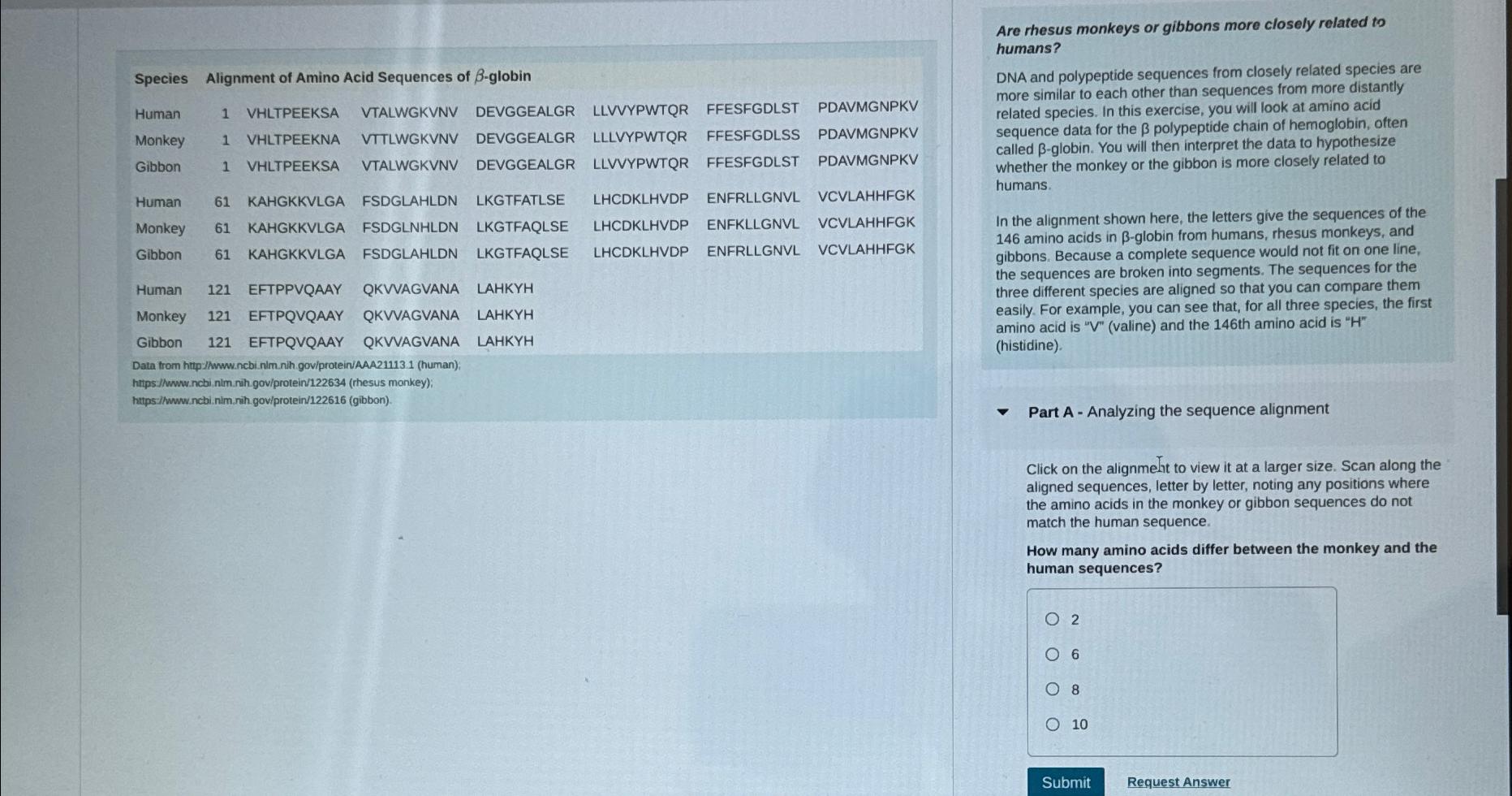 Solved \table[[Species,Align,ment of Amino A,cid Sequences | Chegg.com