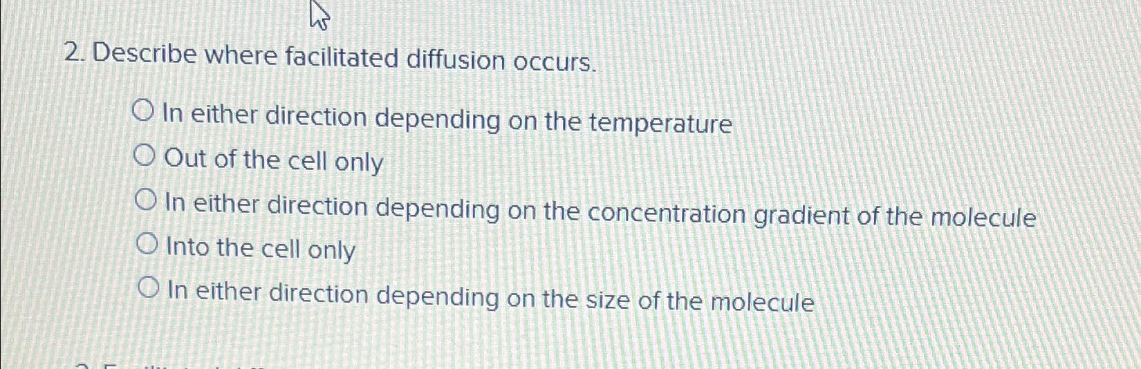 Solved Describe where facilitated diffusion occurs.In either | Chegg.com