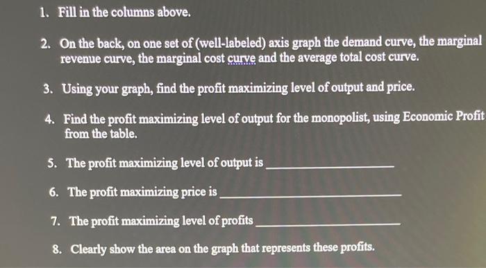 Solved Monopoly Problem Set 1. Fill in the columns above. | Chegg.com