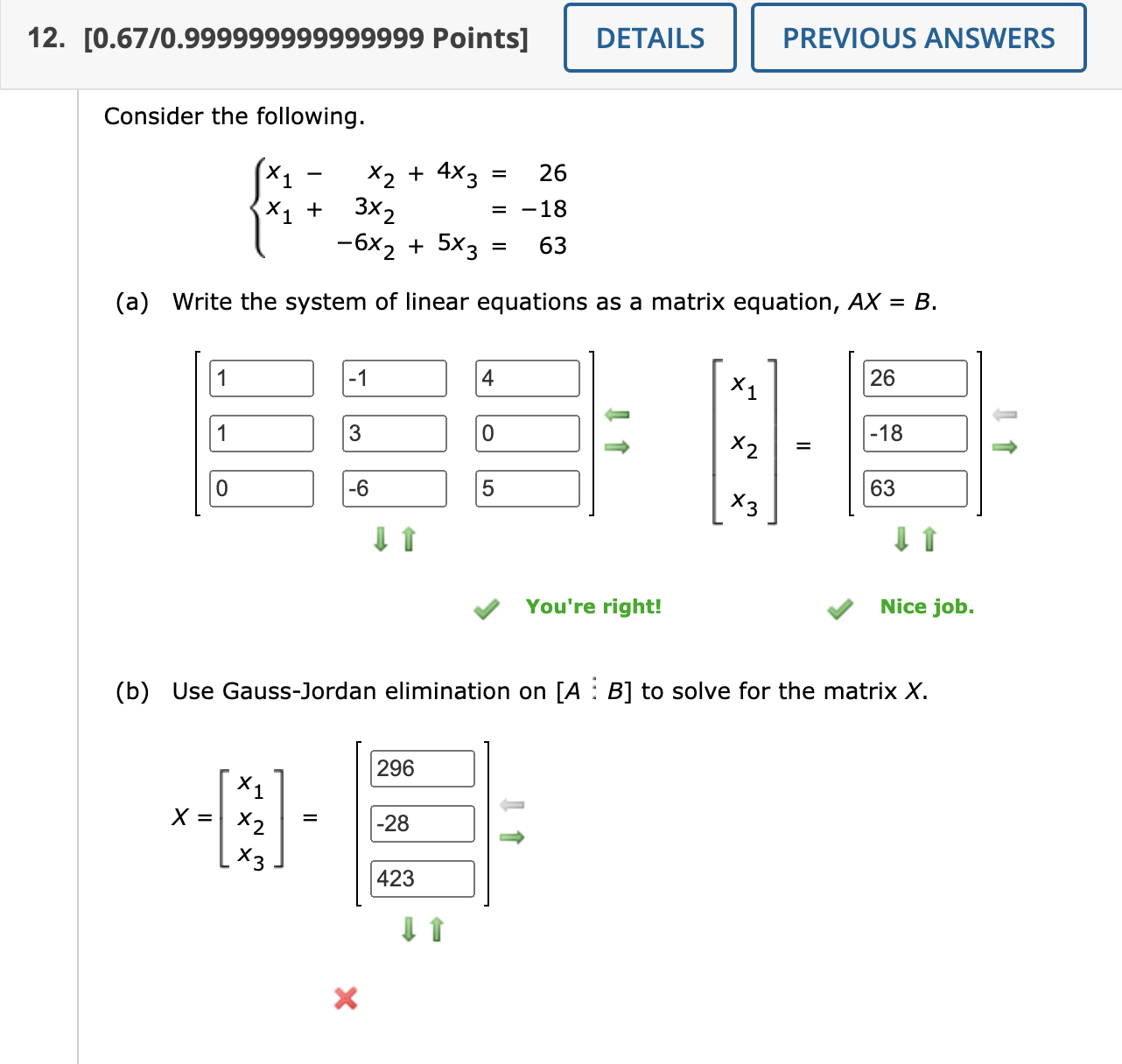 Solved (b) ﻿Use Gauss-Jordan elimination on [A B] ﻿to | Chegg.com