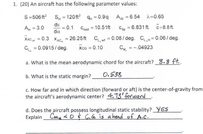 Solved (20) An aircraft has the following parameter values: | Chegg.com