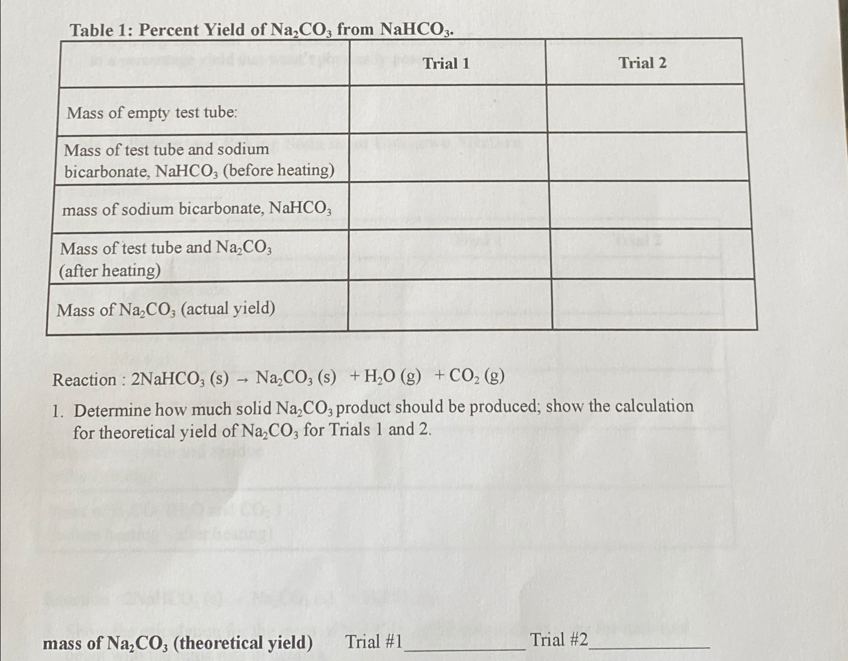 Table 1: Percent Yield of Na2CO3 ﻿from | Chegg.com