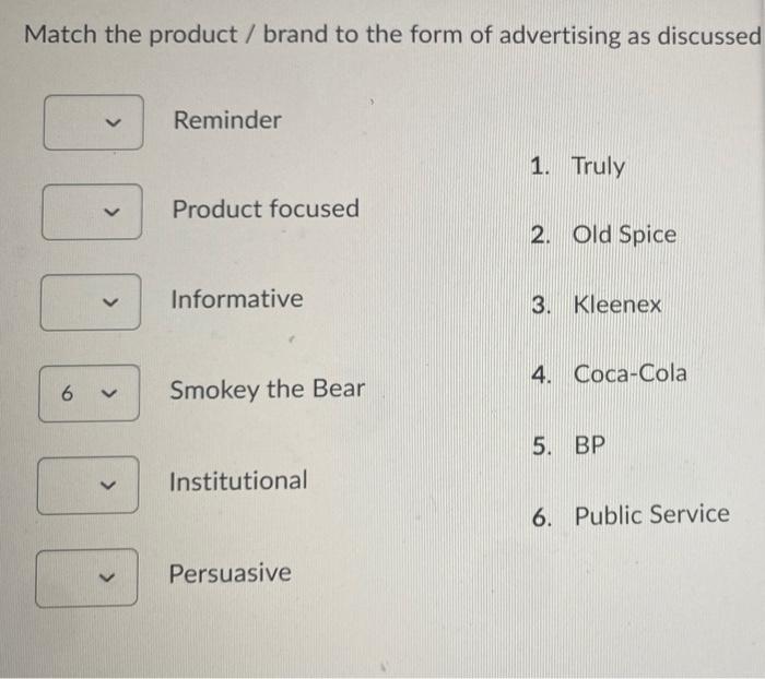 Match the product / brand to the form of advertising | Chegg.com