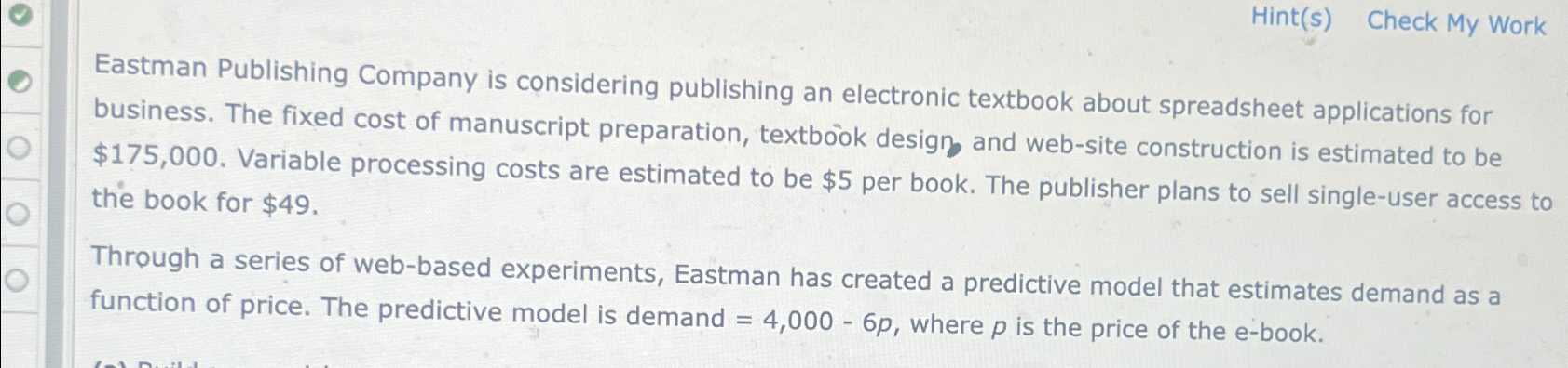 Solved Hint(s) ﻿Check My WorkEastman Publishing Company is | Chegg.com