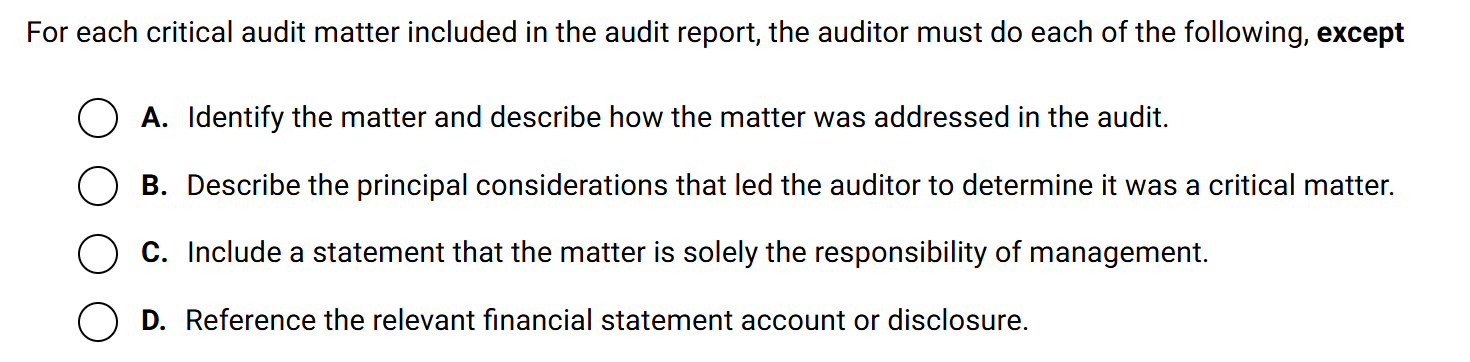 Solved For each critical audit matter included in the audit | Chegg.com