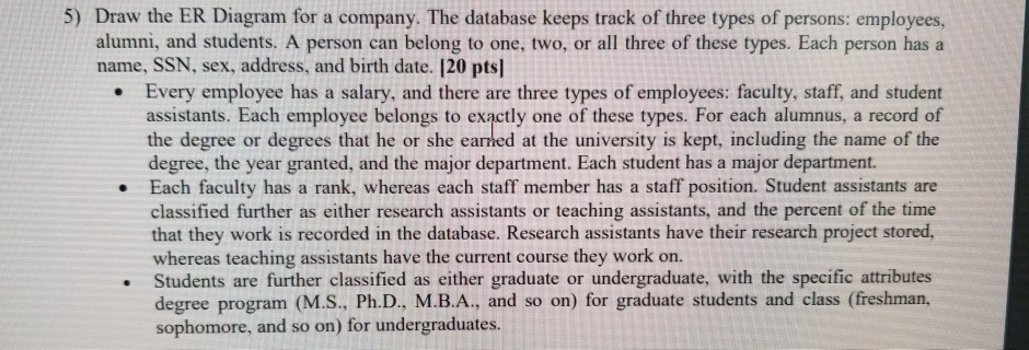Solved 5) Draw the ER Diagram for a company. The database | Chegg.com
