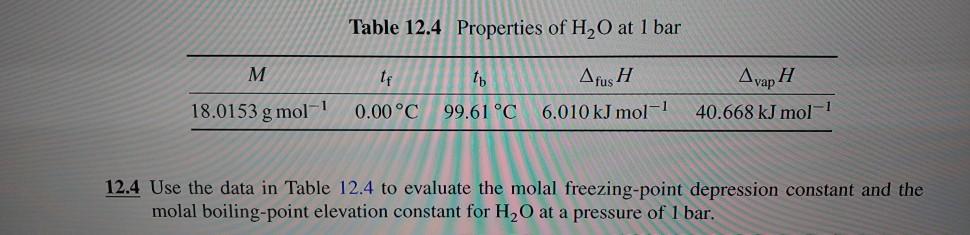Solved Table 12.4 Properties of H20 at 1 bar M If Tь AvapH | Chegg.com
