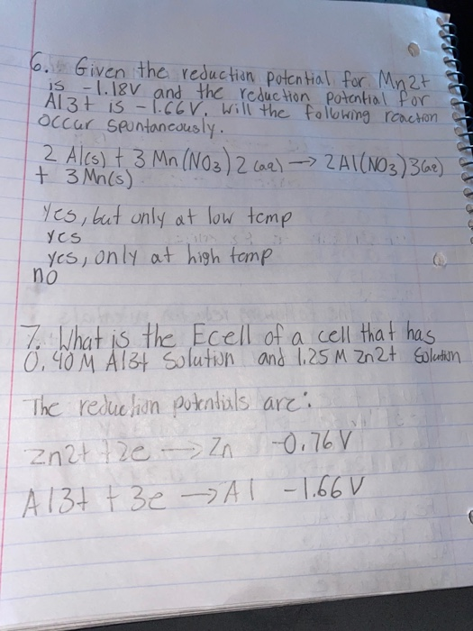 Solved 6. Given the reduction potential for Mn 2t is -1.185 | Chegg.com