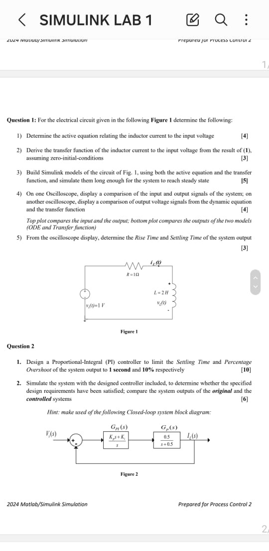 SIMULINK LAB 1rrepurteujur process corrur 2Question | Chegg.com