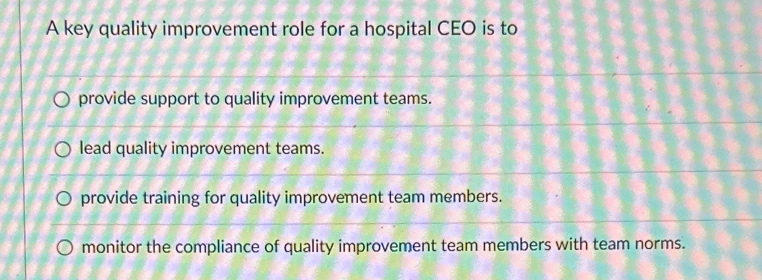 Solved A key quality improvement role for a hospital CEO is | Chegg.com
