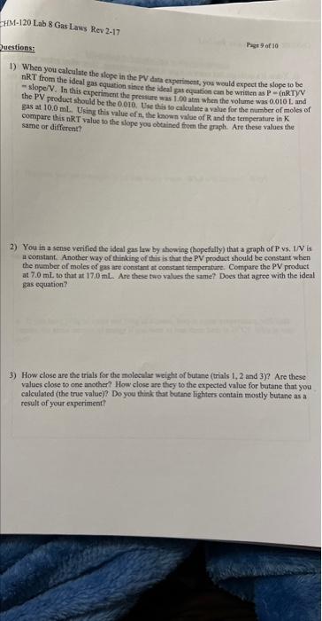 Solved 1) When you clealate the slope in the PV data | Chegg.com
