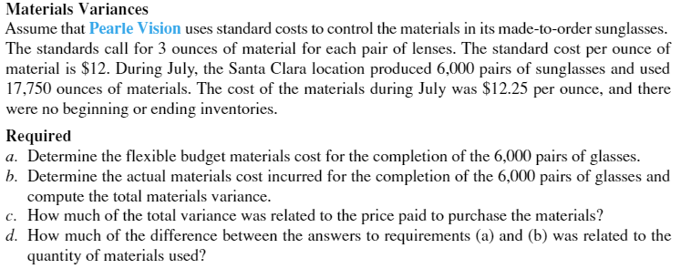 Solved Materials VariancesAssume that Pearle Vision uses | Chegg.com