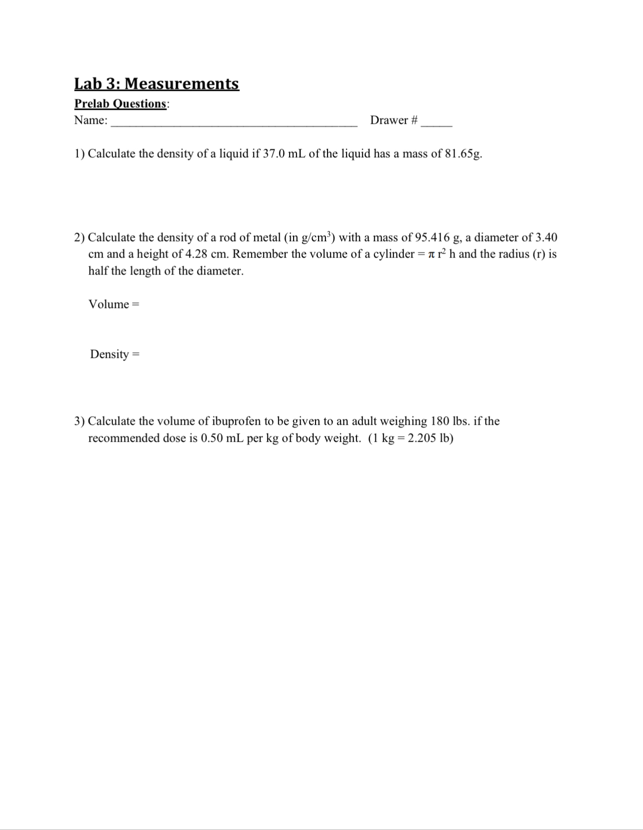 Solved Lab 3: MeasurementsPrelab Questions:Name:Drawer | Chegg.com