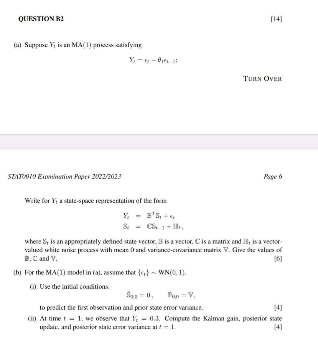 QUESTION B2 [14] (a) Suppose Yt is an MA(1) process | Chegg.com