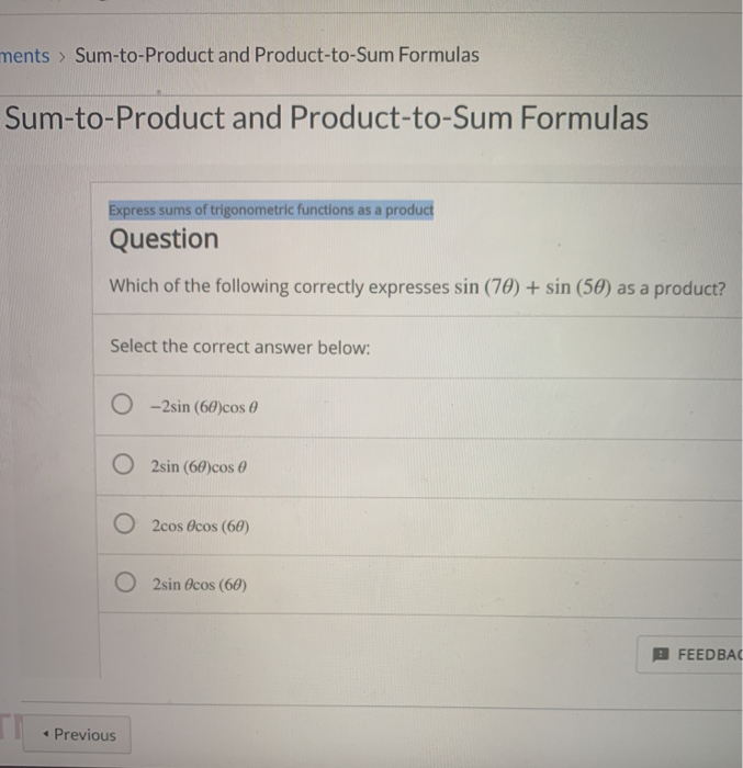 Solved ments > Sum-to-Product and Product-to-Sum Formulas | Chegg.com