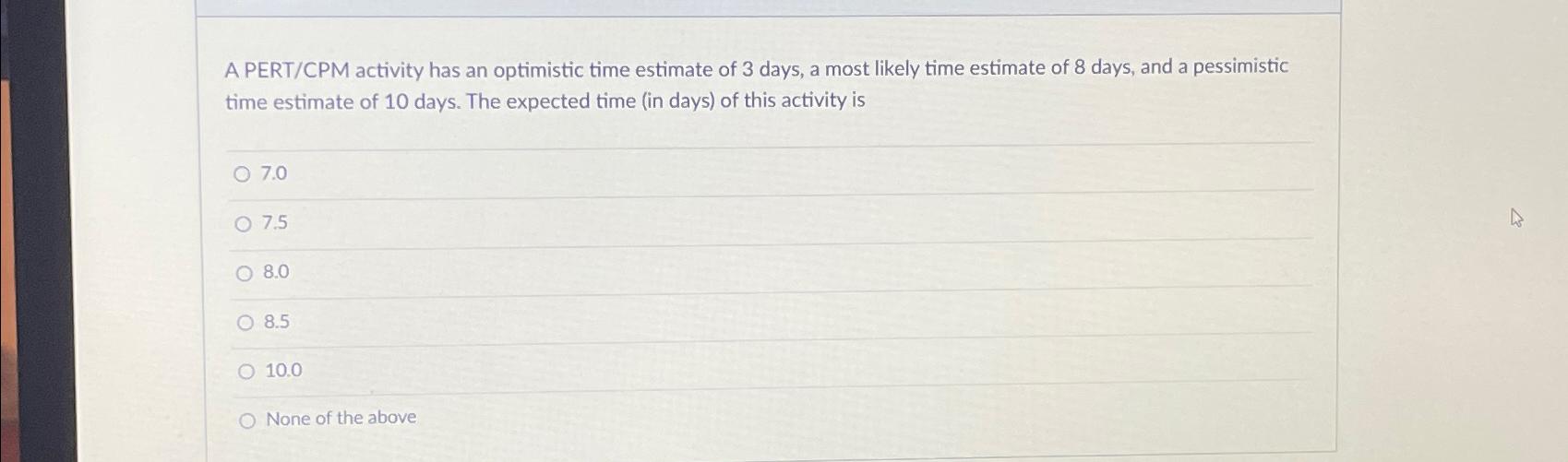 Solved A PERT/CPM activity has an optimistic time estimate | Chegg.com