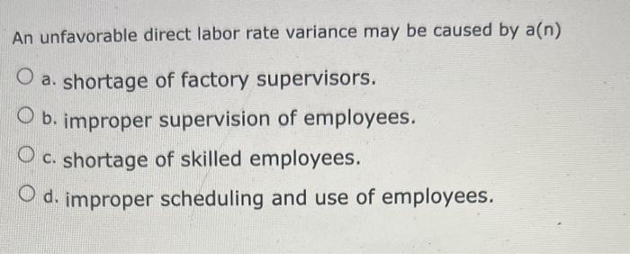 Solved An unfavorable direct labor rate variance may be | Chegg.com