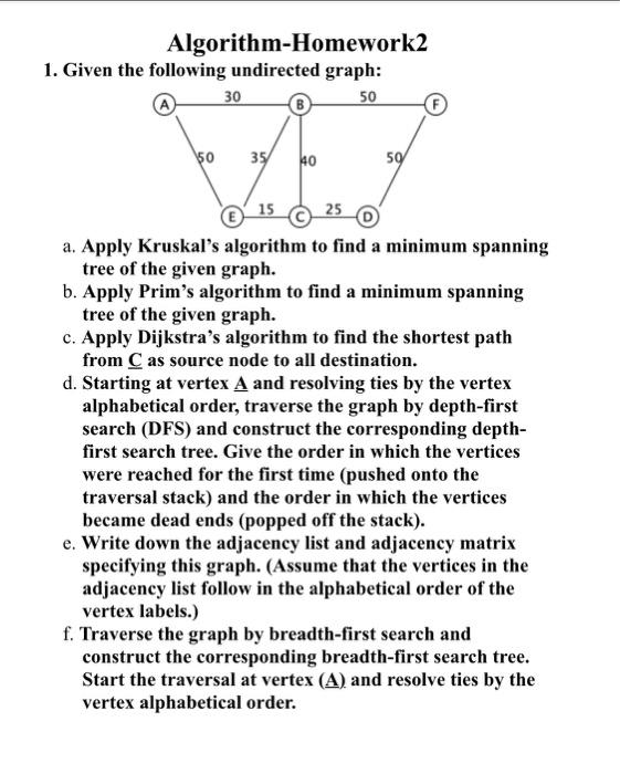 Solved Algorithm-Homework2 1. Given the following undirected | Chegg.com