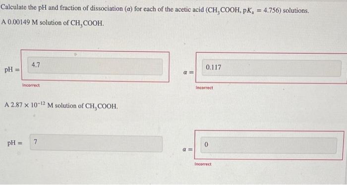 Solved Calculate the pH and fraction of dissociation (α) for | Chegg.com