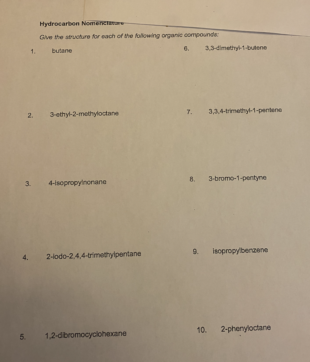 Solved Hydrocarbon NomencratureGive the structure for each | Chegg.com