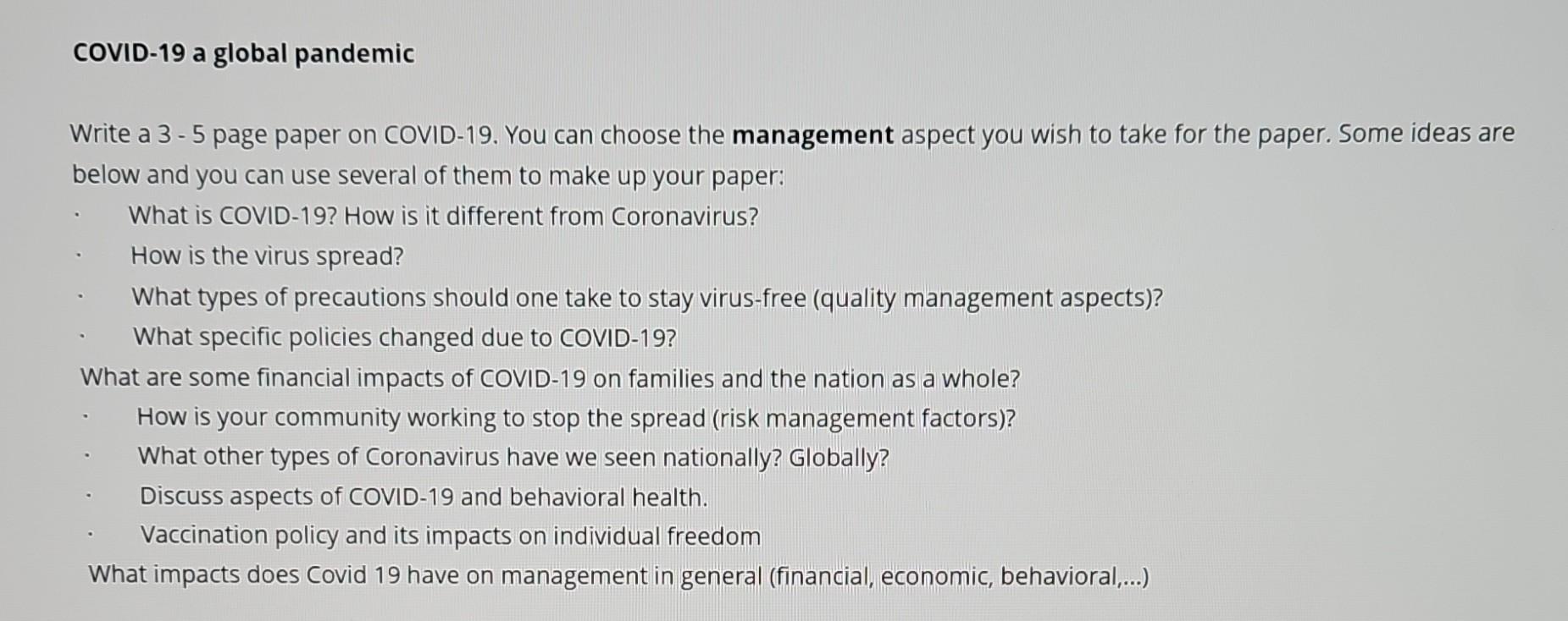 Solved Write a 3 - 5 page paper on COVID-19. You can choose | Chegg.com